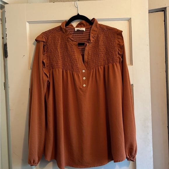Tops | Elegant Terracotta Smocked Blouse | Poshmark